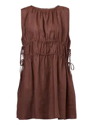 Asceno Gathered Linen Mini Dress - Brown