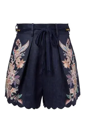 Zimmermann Rhiannon Paisley Embroidered Linen Shorts - Blue