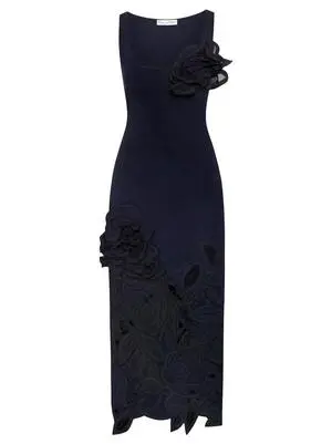 Oscar De La Renta Rose-appliqué Knitted Midi Dress - Blue