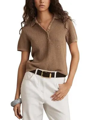 REISS Open Stitch Polo Top - Tan