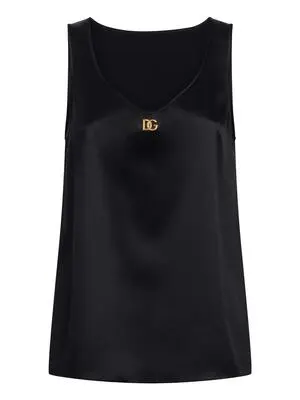 Dolce & Gabbana Satin Tank Top With Dg Logo Pin - Black