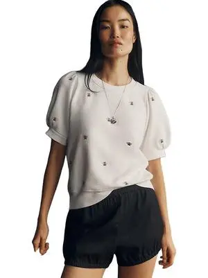 Maeve Maeve Puff-Sleeve Sweatshirt T-Shirt Ivory Pattern