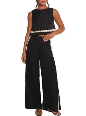 PETAL & PUP Margarete Embroidered Crop Top & Wide Leg Pants Set - Black Cream