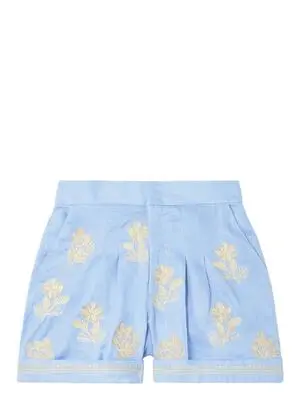 Agua Bendita Romy Madera Embroidered Linen Shorts - Blue