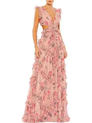 Mac Duggal Ruffled V-neck Gown With Cut Out - Rose Multi
