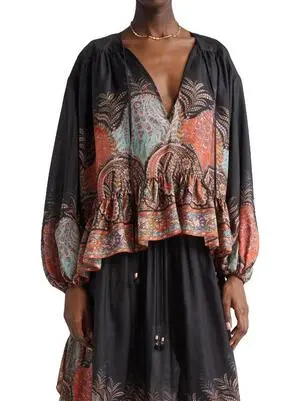 Zimmermann Rhiannon Ruffle Billow Top - Black Paisley