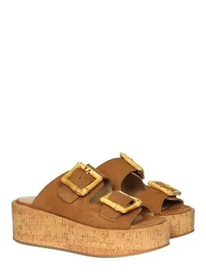 JELAVU Corkie Wedge Cork Sandals With Suede Straps - Cognac