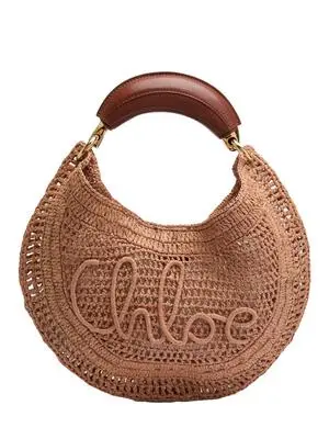 Chloé Raffia Shoulder Bag With Logo Appliqu - Beige