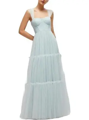 Dessy Collection Tiered Tulle Evening Gown With Convertible Straps - Mist