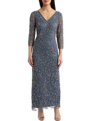 Pisarro Nights Floral Beaded Sheath Gown - Grey