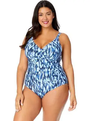 ANNE COLE PLUS Drape Front One Piece Swimsuit - Tie Dye Ikat