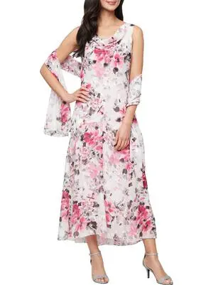 Alex Evenings Floral Burnout Chiffon Dress With Shawl - Fuchsia Mult