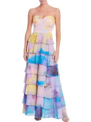 Badgley Mischka Pleated Cutout Gown - Blue Multi