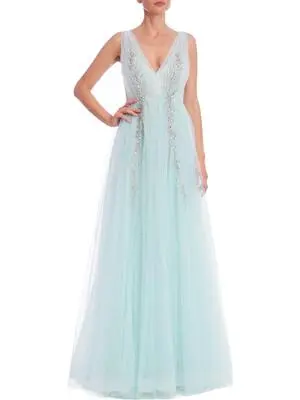 Badgley Mischka Bead Detail Tulle Ballgown - Hydra Blue