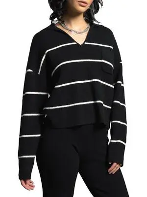 WEEKEND LOS ANGELES Cressida Stripe Johnny Collar Sweater - Black Ivory Stripe