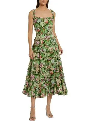 Mac Duggal Ruffle Floral Midi Dress - Green Multi