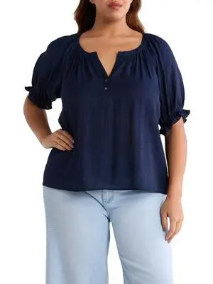 LIVERPOOL Crinkled Puff Sleeve Top - Navy