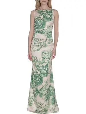 Vince Camuto Floral Ruched Waist Satin Gown - Green