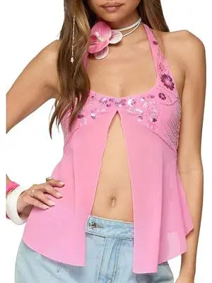 EDIKTED Sequin Chiffon Split Front Top - Pink