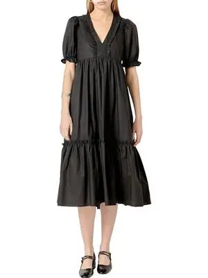 English Factory Puff Sleeve Empire Waist Midi Dress - Black