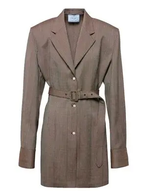 Prada Pinstripe Virgin Wool Belted Jacket - Brown