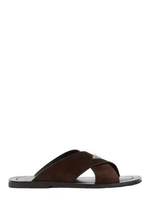 Prada Logo Suede And Leather Sandals - Brown