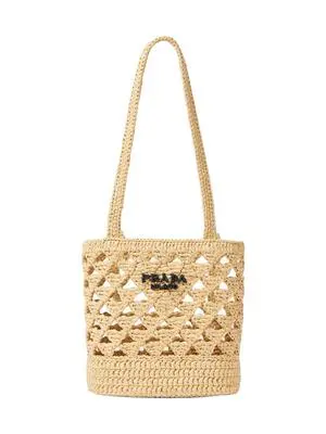 Prada Logo Raffia Crochet Tote Bag - Beige