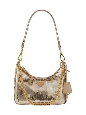 Prada Sequined Re-nylon Shoulder Bag - Gold