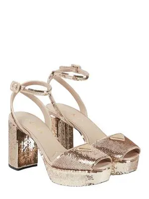 Prada Sequined Satin Platform Sandals - Gold