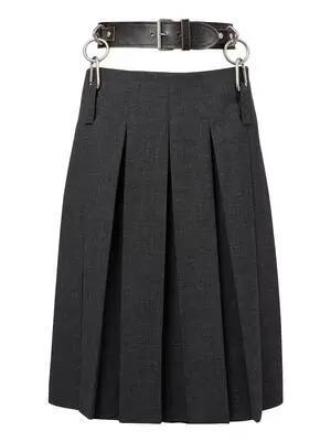 Prada Belted Pleated Virgin Wool Midi Skirt - Grey