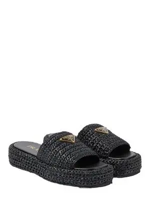 Prada Logo Espadrille Slides - Black