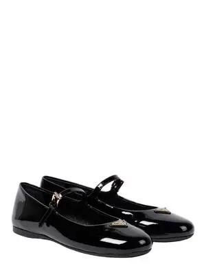 Prada Logo Patent Leather Mary Jane Flats - Black