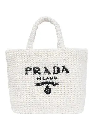 Prada Logo Crochet Raffia Tote Bag - White
