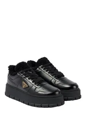 Prada Shearling-lined Leather Platform Sneakers - Black