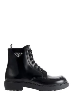 Prada Logo Brushed Leather Combat Boots - Black