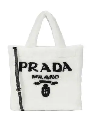 Prada Medium Shearling Logo Tote - White