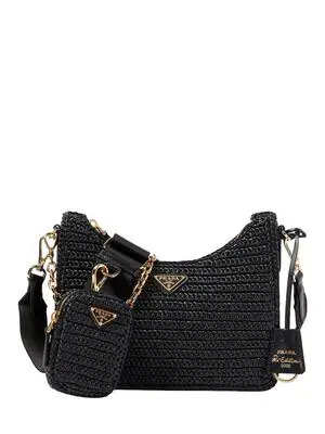 Prada Small Crochet Raffia Shoulder Bag - Black