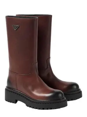 Prada Logo Leather Boots - Brown