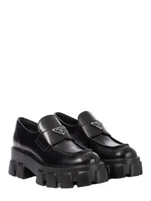Prada Monolith Brushed Leather Loafers - Black