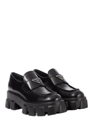 Prada Monolith Brushed Leather Loafers - Black