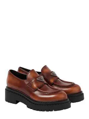 Prada Logo Leather Platform Loafers - Brown