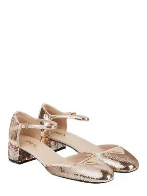 Prada Sequined Mary Jane Pumps - Gold