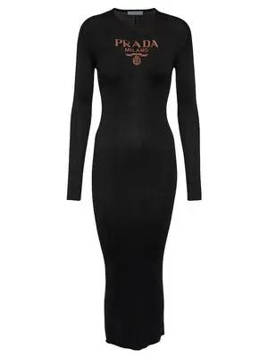 Prada Logo Ribbed-knit Silk Midi Dress - Black