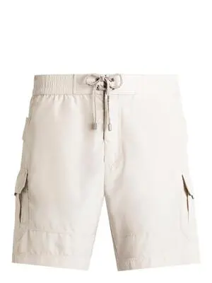 Dolce & Gabbana Mid-length Swim Trunks With Logo Tag - Beige