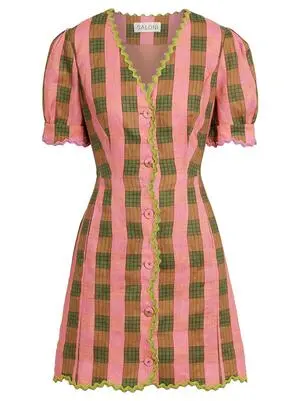 Saloni Marlee Embroidered Printed Linen Mini Dress Pink