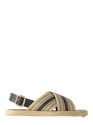 TOD'S Leather-trimmed Striped Raffia Sandals - Neutrals
