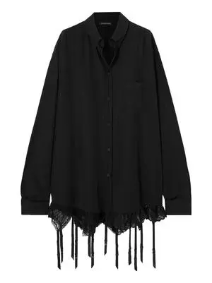 Balenciaga Fringed Lace-trimmed Lyocell-poplin Shirt - Black