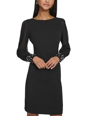 Karl Lagerfeld Paris Scuba Crepe Sheath Dress With Chiffon Sleeves - Black