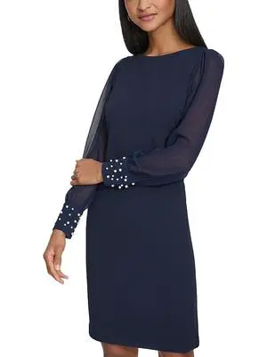 Karl Lagerfeld Paris Scuba Crepe Sheath Dress With Chiffon Sleeves - Navy