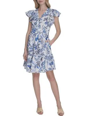 Eliza J V-neck Flutter Sleeve Dress - Ivory Blue